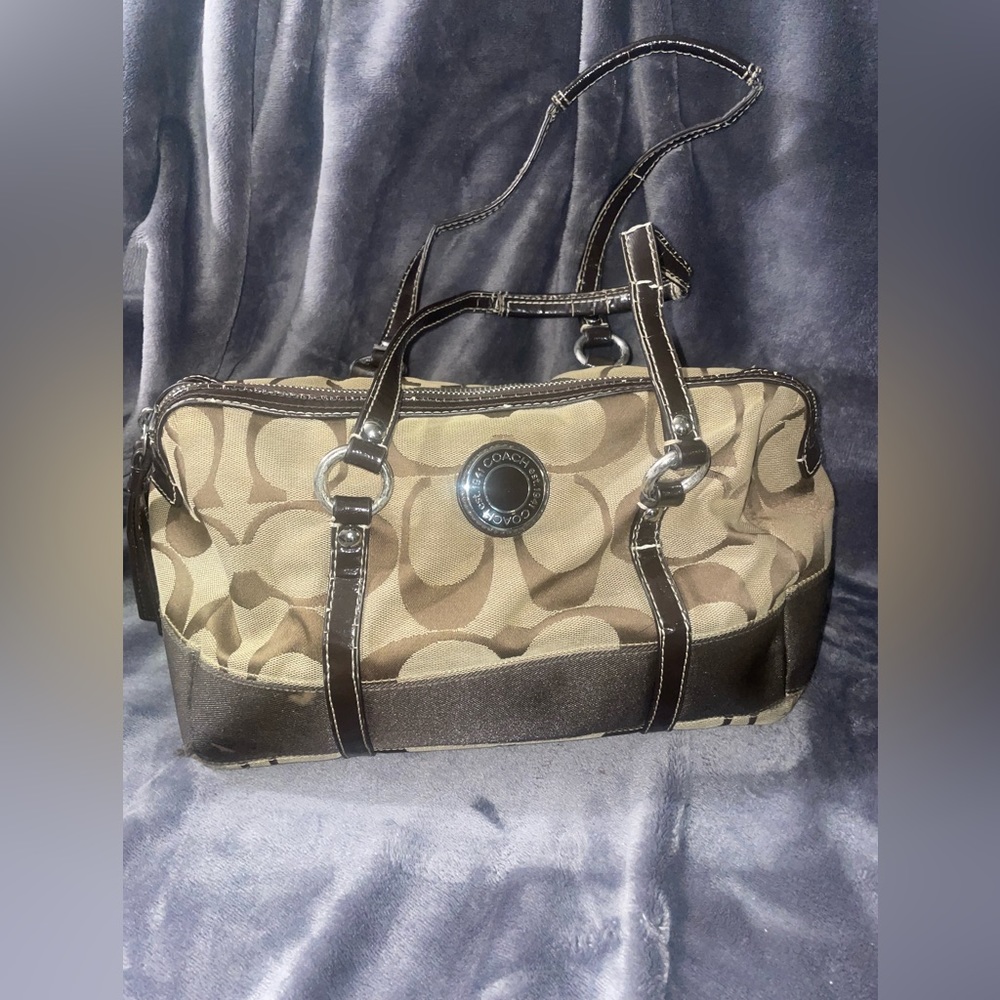 Coach Signature Khaki Stripe Canvas Leather Trim Satc… - Gem